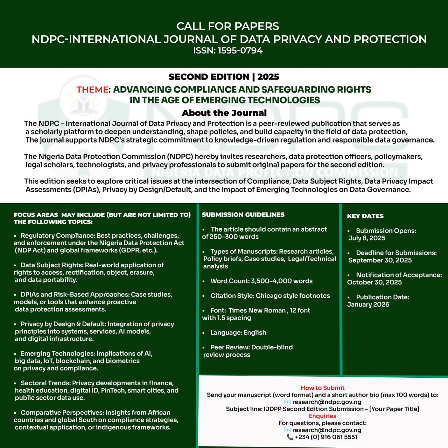 CALL FOR PAPERS NDPC-INTERNATIONAL JOURNAL OF DATA PRIVACY AND ...