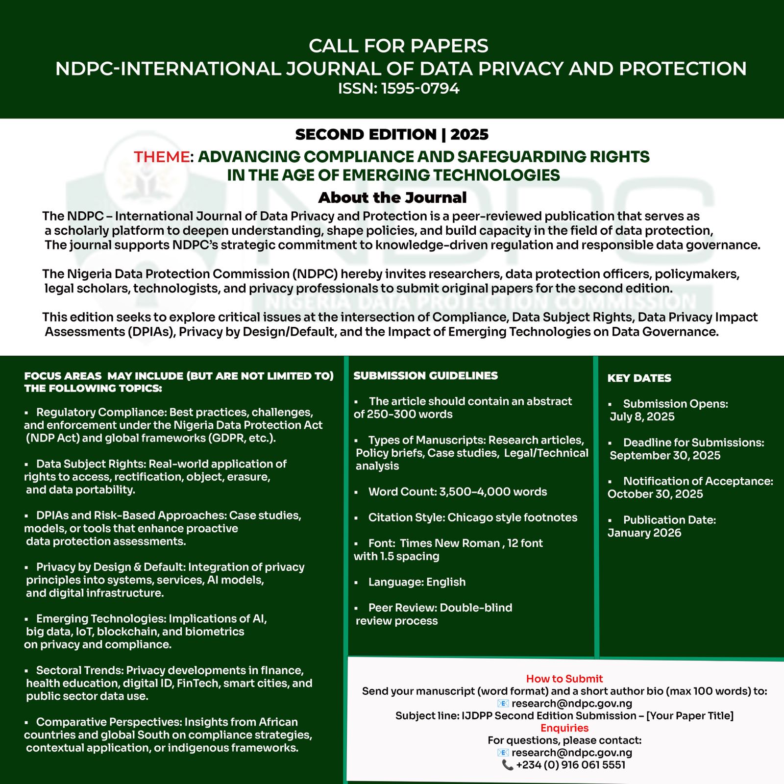 CALL FOR PAPERS NDPC-INTERNATIONAL JOURNAL OF DATA PRIVACY AND ...
